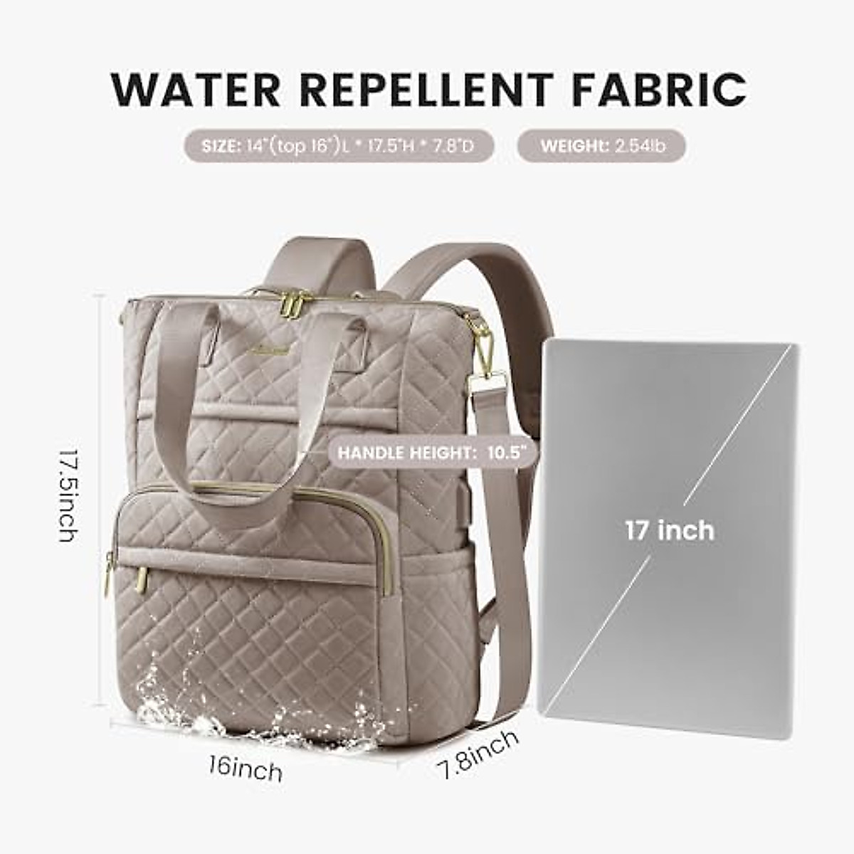 LOVEVOOK Laptop Backpack for Women 17 inch,Diamond Quilted Convertible Backpack Tote Laptop Computer Work Bag,Cute Womens Travel Backpack Purse College Teacher Carry on Back pack with USB Port,Nude