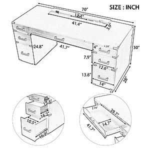 70" Classic and Traditional Executive Desk with Metal Edge Trim, Writing Desk with 7 Drawers, USB Port and Outlets, Desk with Hidden Compartment for Living Room, Home Office, Study Room, Black
