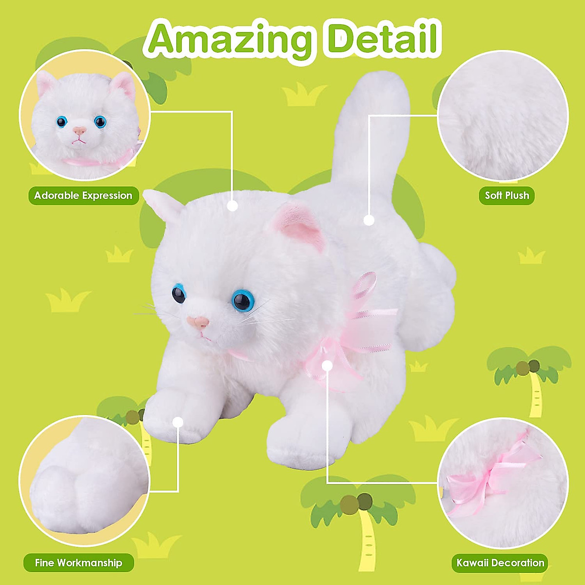 Plush Cat Stuffed Animal White Cat Realistic Toy Super Soft Kitten Cuddly Pet Kitty Fluffy Soothing Hugging Sleeping Birthday Christmas Children's Day Gift for Kid 14.96"