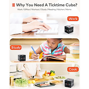 Ticktime Cube Pomodoro Timer, Productivity Timer, Pause & Resume, Mute, Vibration & Adjustable Sound Alert, for Task, Work, ADHD, ADD, Meeting, 1/3/5/10/15/25/45/60min & Custom Countdown - Black