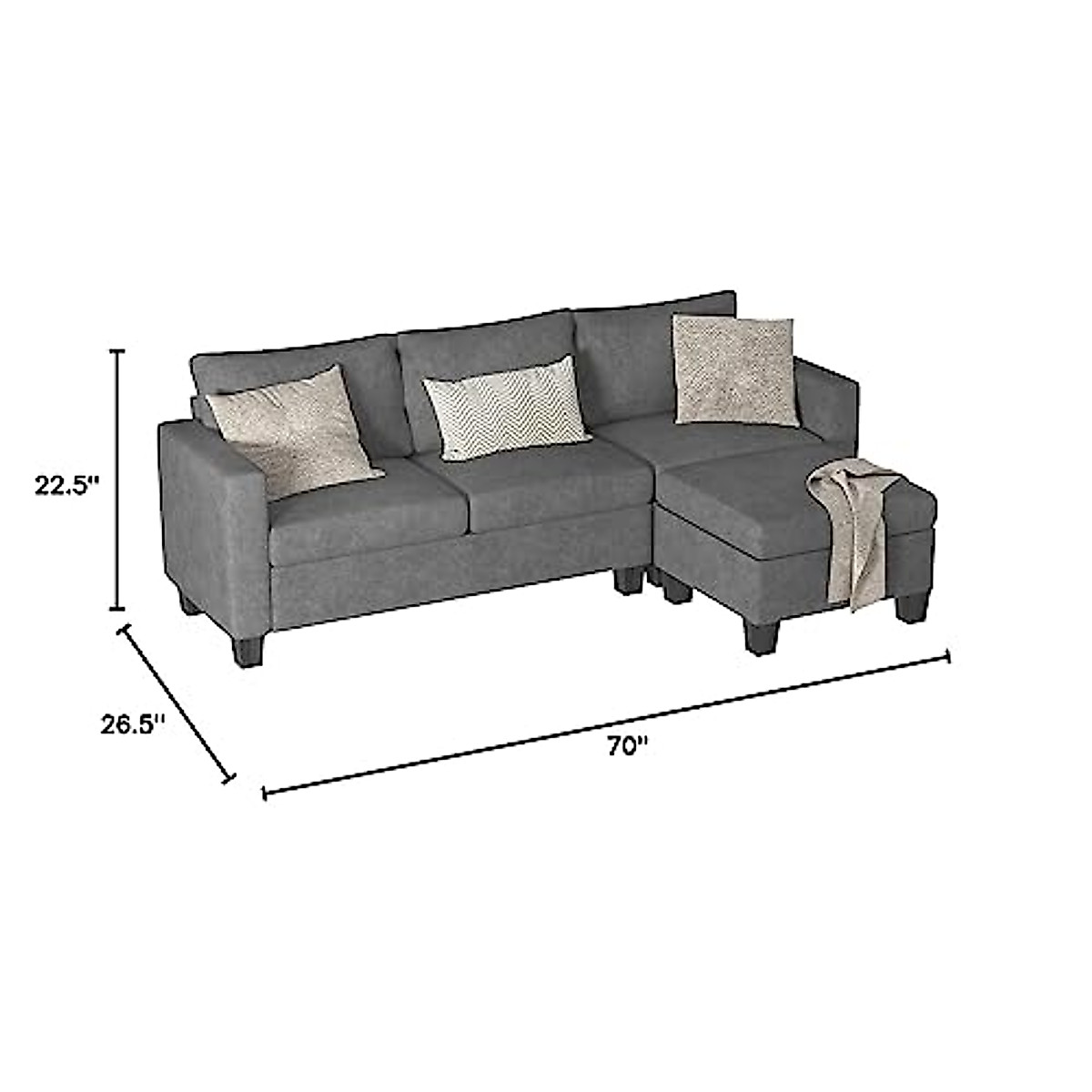 YESHOMY Convertible Sectional Sofa, L-Shaped Couch with Soft Seat and Modern Cotton Fabric for Small Space, Living Room Settee with Comfortable Backrest, Dark Gray