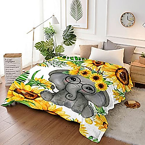Super Soft Blanket Glasses Elephant and Sunflower Light Weight Throw Quilt Comfy Fluffy for Bed Sofa Suitable All Seasons 80"X60" for Adult Large