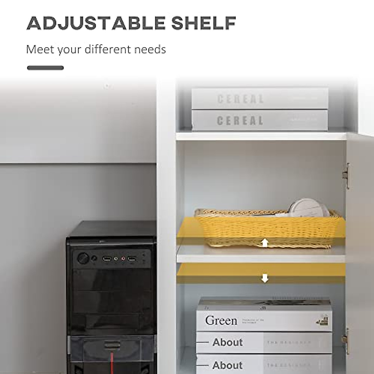 HOMCOM L-Shaped Computer Desk with Open Shelf and Storage Cabinet, Corner Writing Desk with Adjustable Shelf, White