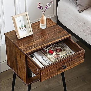 VECELO Nightstands Set of 2 Industrial 2-Tier Night Stand/Side Drawer, Wood Mid Century End Tables for Small Places, Bedrooms, Living Room, Home, Farmhouse, Rustic Brown