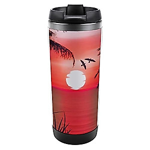 Oyihfvs Tropical Palm Tree Bird Sun Stainless Steel Water Bottle, Leak-Proof Hot Cold Insulated Travel Mug, Double Walled with Handle Thermo Cup Bottle 13 Oz