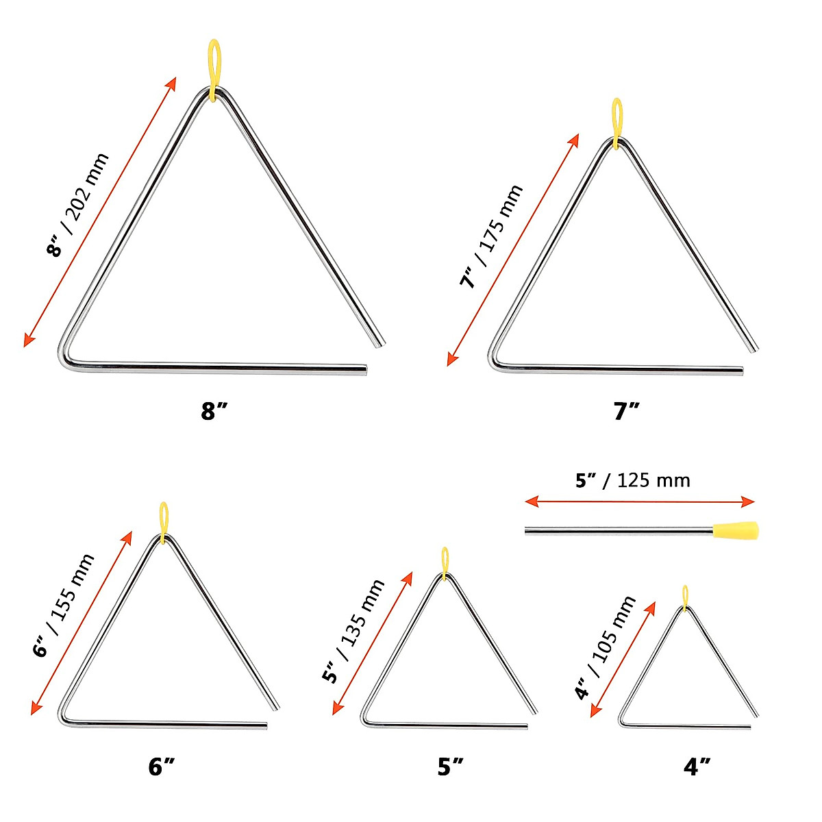 SINJEUN 10 Pack Musical Steel Triangle, 4, 5, 6, 7, 8 Inches Triangle Musical Instrument with Striker and Finger Holder, Triangle Hand Percussion Instrument for Music Learning and Teaching