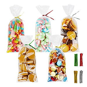 Cellophane Bags,120Pcs 4x9.5 Inch Clear Plastic Cellophane Treat Bags with 4.7" Twist Ties 4 Mix Colors, Large Party Favor Bags Goodies Bags OPP Treat Bags for Birthday Party Favors, Valentines, Easter, Weddings ,Halloween，Christmas Gift Wrapping