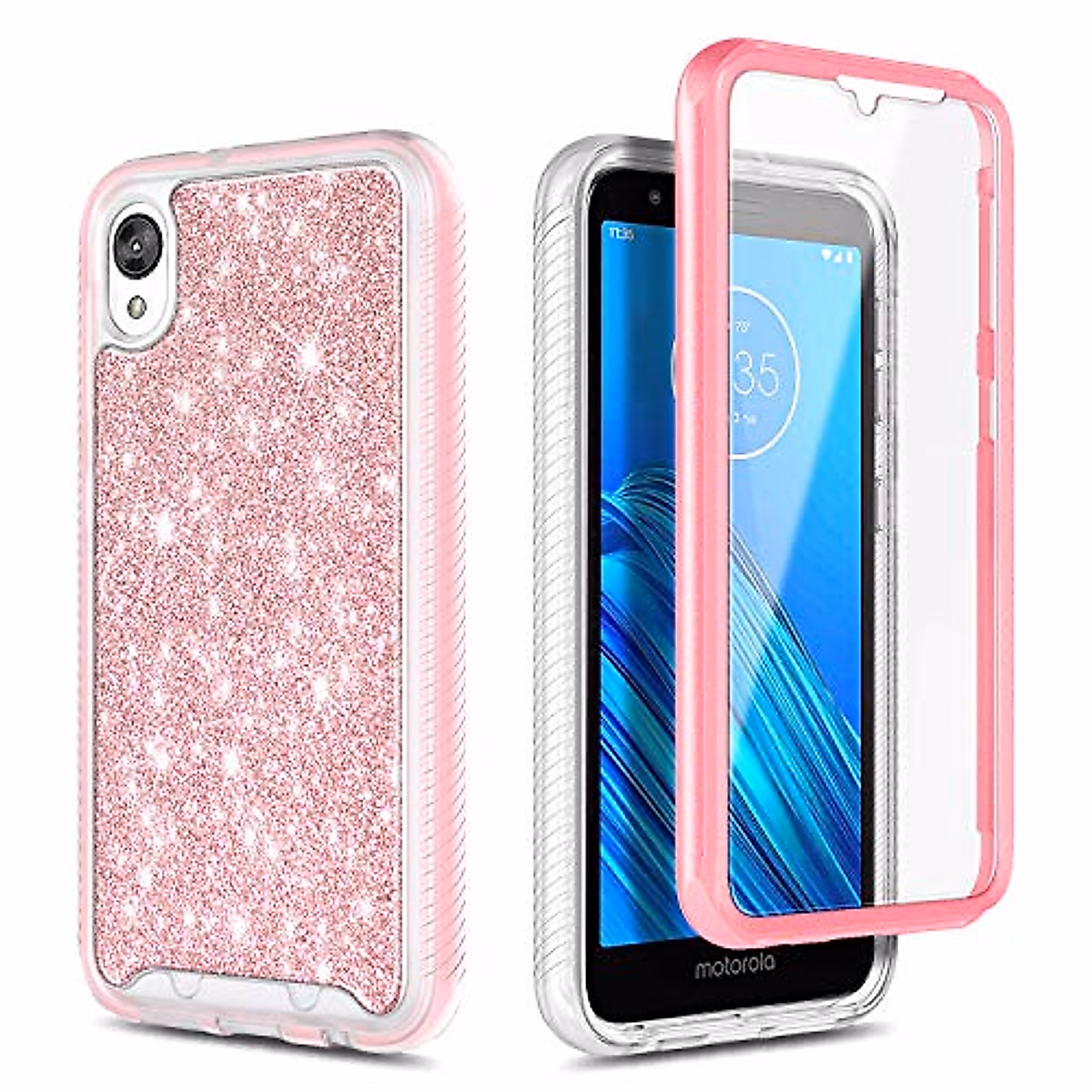NZND Case for Motorola Moto E6 with Built-in Screen Protector, Full-Body Protection Bumper Shockproof Protective, Impact Resist Durable Cute Phone Case Cover -Glitter Shiny Bling Rose Gold