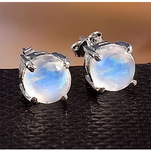 925 Sterling Silver Natural Round Rainbow Moonstone Delicate Stud Earring Gift Jewelry