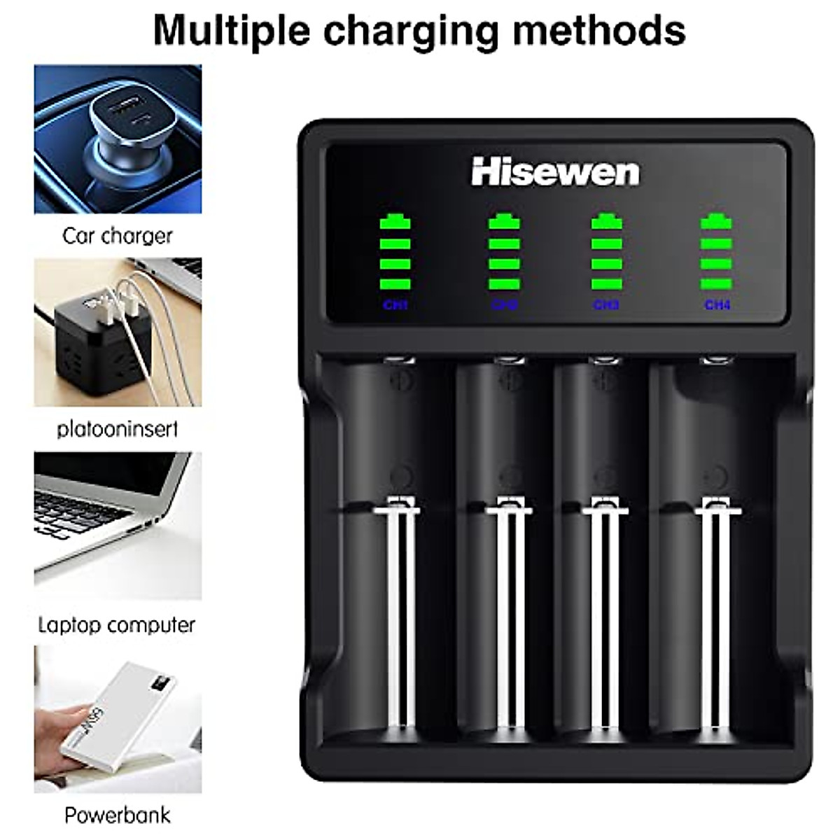 Universal 18650 Battery Charger 4 Bay, Hisewen Smart LCD Display Charger for 3.7V Li-ion Rechargeable Batteries 18650 18350 17670 16340 RCR123 14500 LiFePO4 INR ICR Ni-MH Ni-CD AA AAA