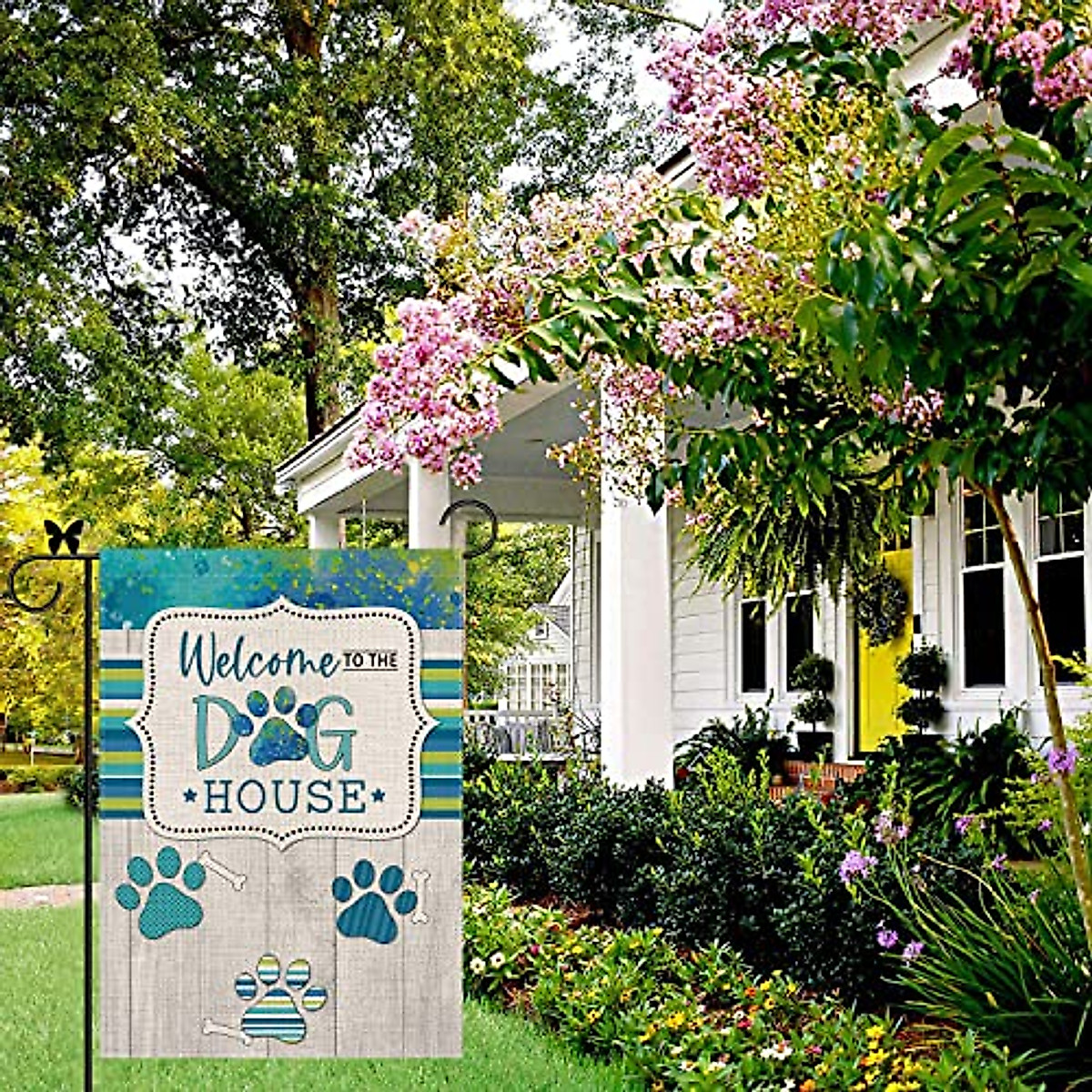 Dog Garden Flag Welcome to Dog House Cute Striped Vertical Burlap Double Sided Outdoor Decor Yard Lawn Home Decoration 12.5 x 18 Inch