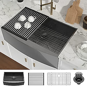 Brzkyr 30 inch Farmhouse Kitchen Sink Gunmetal Black Stainless Steel Apron Front 16 Gauge R10 Deep Single Bowl Kitchen Farm Sinks