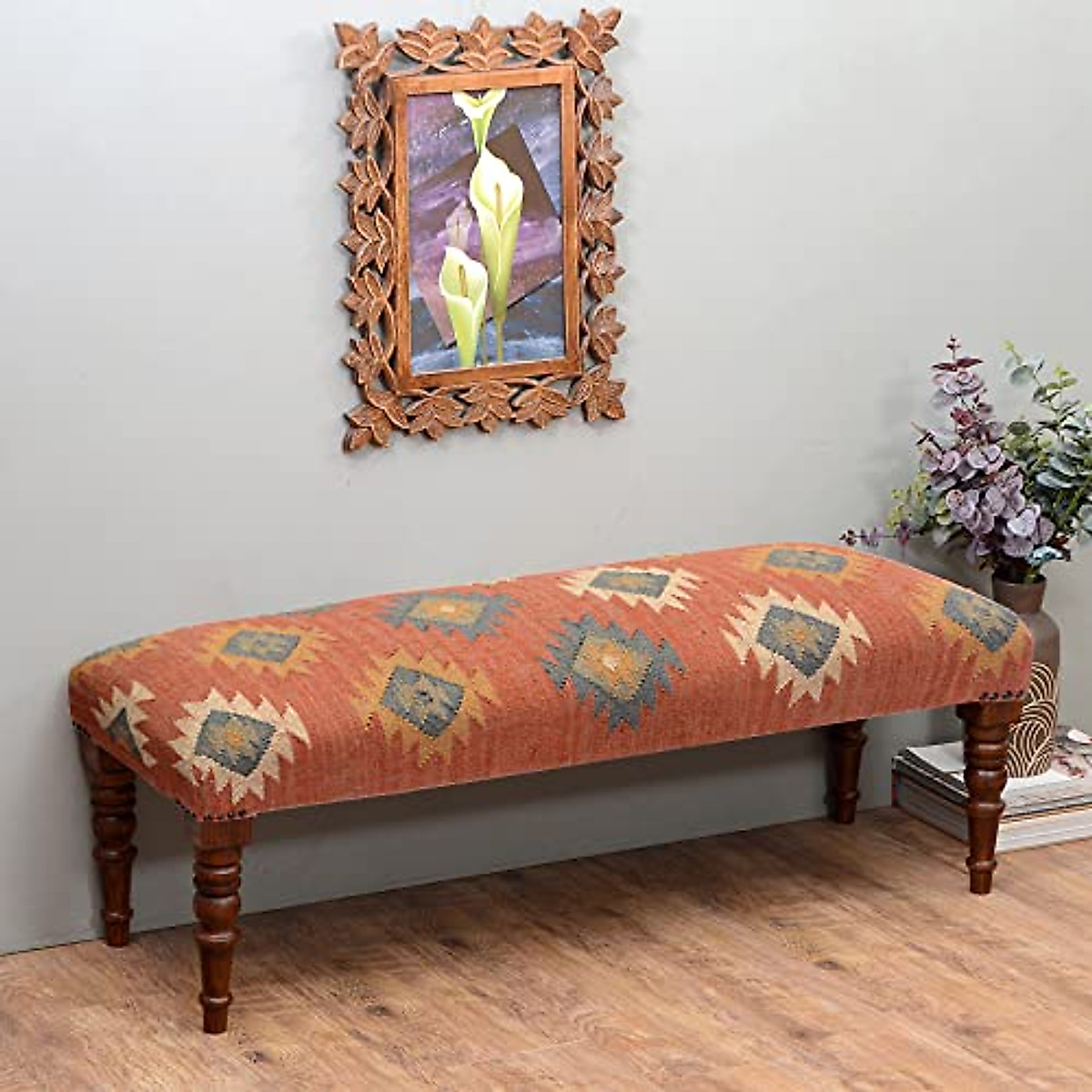 NATURAL FURNISH Wooden Bench for Living Room, Wool Jute Kilim Bench for entryway, Fabric upholstered Bench for Seating