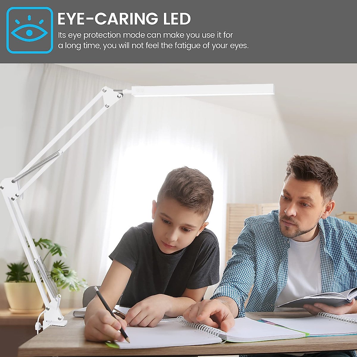 TROPICALTREE LED Desk Lamp, Swing Arm Desk Light with Clamp, 3 Lighting 10 Brightness Eye-Caring Modes, Reading Desk Lamps for Home Office 360°Spin with USB Adapter & Memory Function white-14W