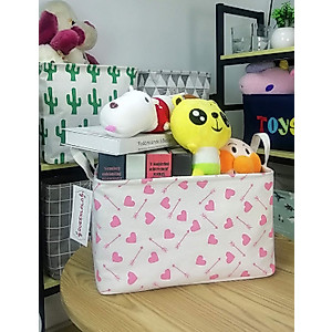 QUEENLALA Rectangular Laundry Hamper/Foldable Nursery Laundry Basket for Organizing/Storage Bin Baskets/Children Toy Office Bedroom/Toy Bin Closet Shelf Baskets（Rec-Pink-Heart Arrow）