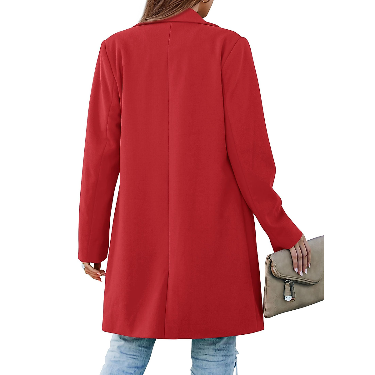PRETTYGARDEN 2024 Fall Long Blazer Jackets for Women Long Sleeve Lapel Pockets Loose Fit Business Casual Blazers Outfits (Red,Small)