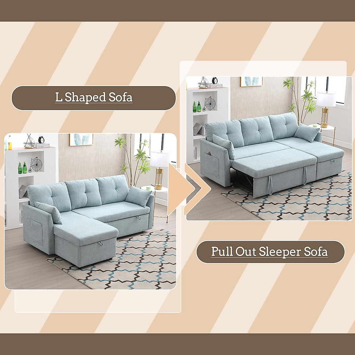 SmartEdge 81'' L Shaped Convertible Sleeper Sectional Sofa with Storage Chaise, Modular Corner Couch Lounge Sleeper Sofa with Pull Out Bed, Comfy Couches for Living Room, Bedroom, Mint Green