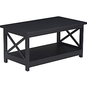 Serta Bismarck Modern Farmhouse Coffee Table with Lower Storage Shelf, Rectangle Tabletop with X-Shaped Lattice, Black