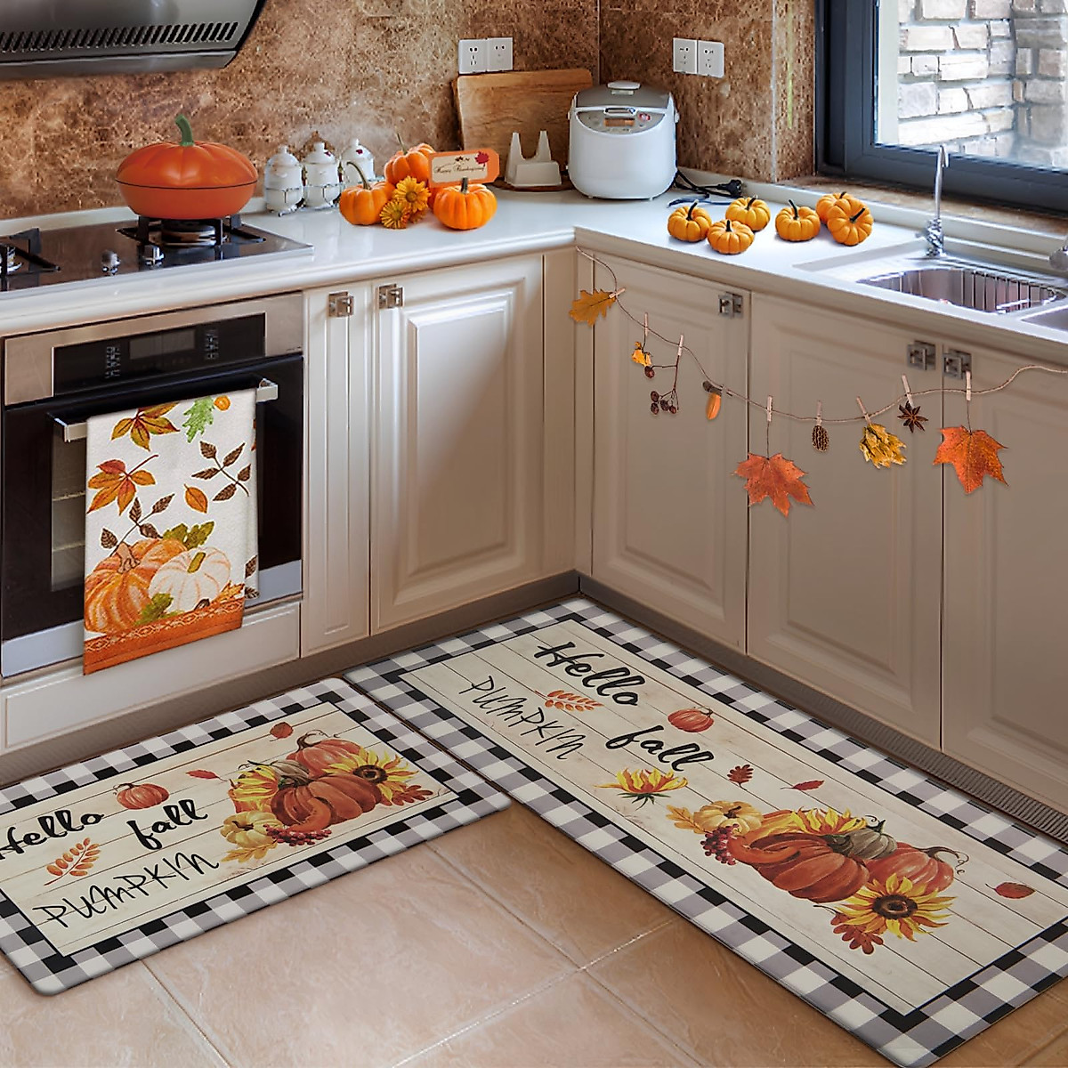 Alishomtll Fall Kitchen Mats for Floor, Set of 2 Anti Fatigue Autumn Pumpkin Kitchen Mats, Fall Decor Kitchen Rugs for Autumn, Thanksgiving, 17x30 and 17x47 Inch