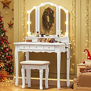 Tiptiper White Makeup Vanity with Lights & Charging Station, Vanity Desk with Mirror and 3 Colors of Lighting Effects, Vanity Table with Tri-Fold Mirror & Necklace Hooks, Makeup Table with Stool
