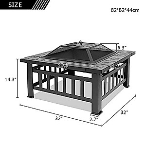 LEAYAN Garden Fire Pit Grill Bowl Grill Barbecue Rack 32 Inch Wood Burning Outdoor Fire Pit, Rectangle Metal Brazier Fireplace, Table Top Firepit Bowl with Spark Screen Poker, for Camping Bonfire