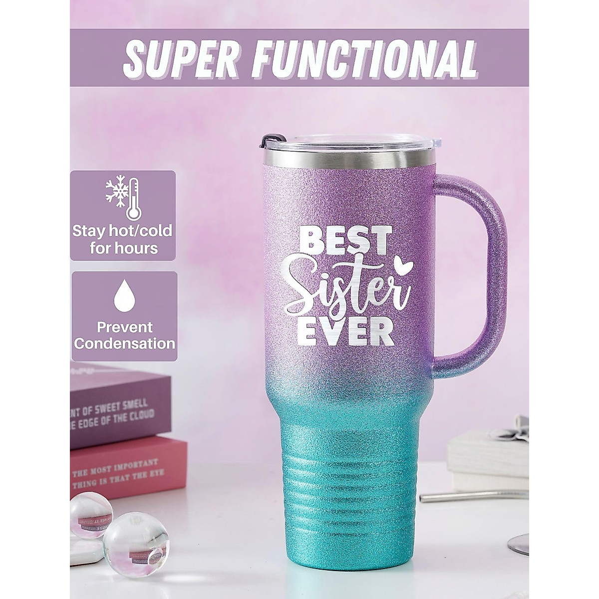 Onebttl Sister Gifts from Sister, 40 oz Insulated Stainless Steel Wine Tumbler with Lid and Straw, Funny gifts for Sis on Mother's Day, Birthday, Christmas, Violet-Blue, Best Sister Ever