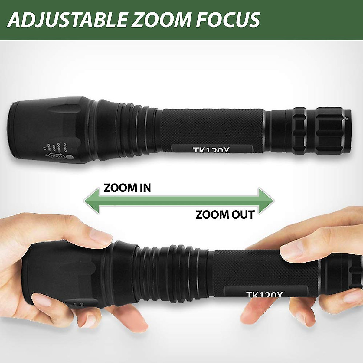 EcoGear FX Zoomable LED Tactical Flashlight Kit TK120X: 5 Light Modes, High Lumen Output, Water Resistant for Security & General Home Use - Batteries and Charger Included