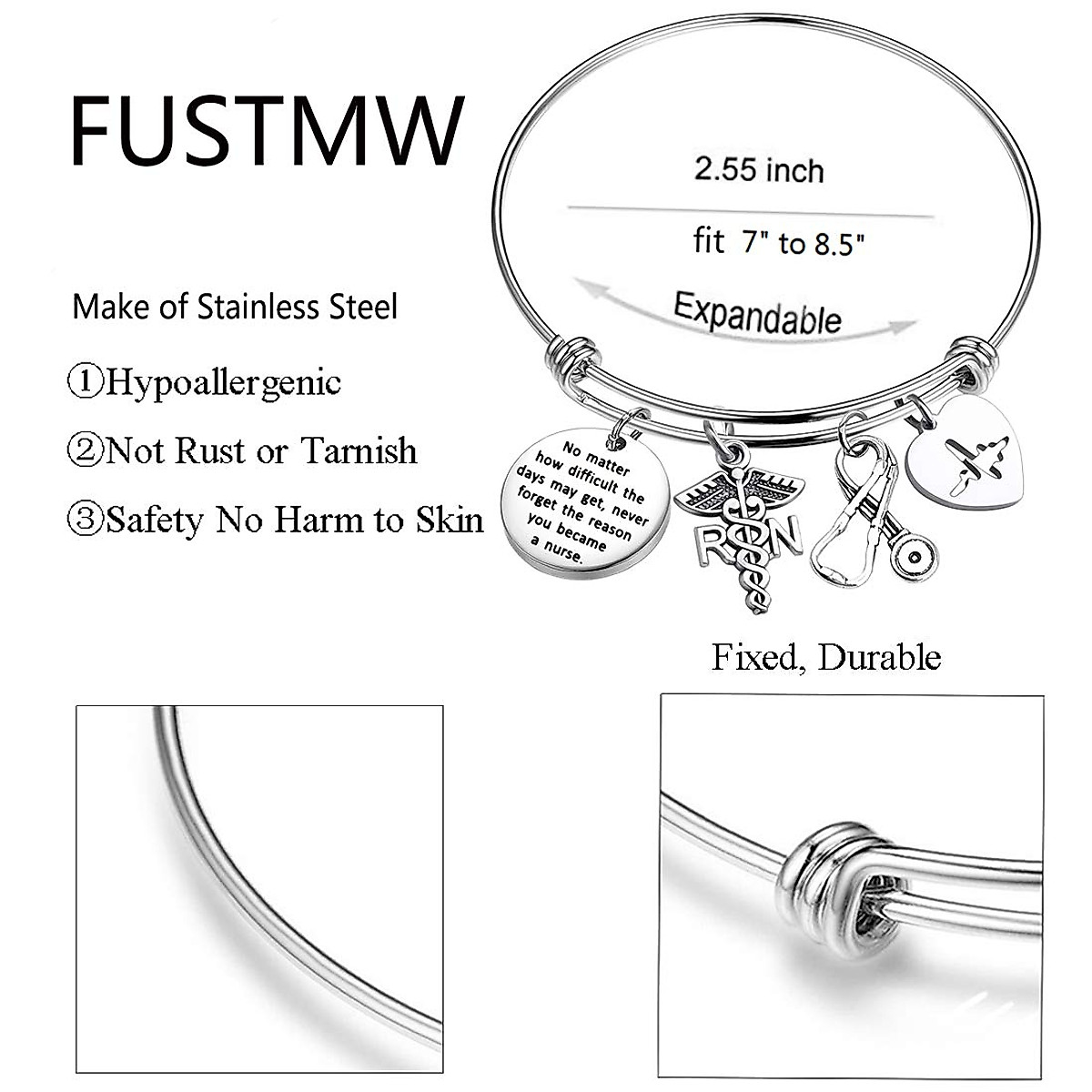 FUSTMW Nurse Gift Nurse Keychain RN Charm Nursing Graduation Gift Medical Jewelry Nurse Inspirational Gifts (RN Bracelet)