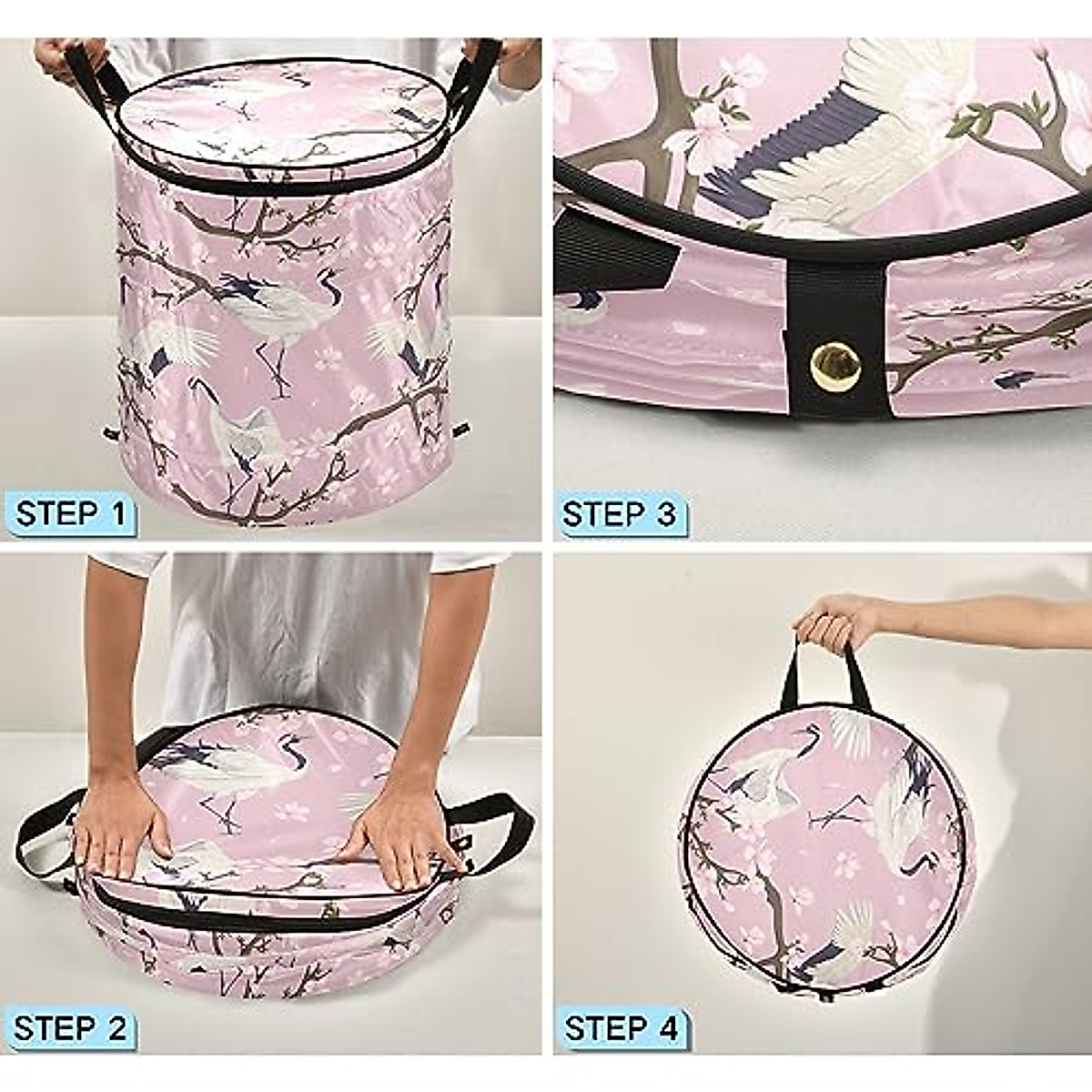 pnyoin 50L Large Popup Laundry Hamper Round with Zipper Lid Reinforced Handles Portable Collapsible Basket for Kids Room College Dorm Travel, Japanese Cranes and Magnolia