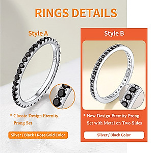 Suplight 925 Sterling Silver Rings 2MM Black Cubic Zirconia Eternity Rings 2MM Wedding Band for Women Size 9