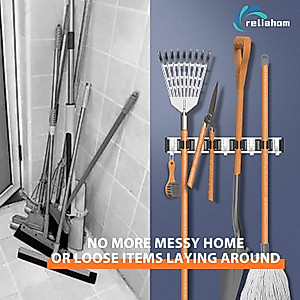 reliahom Broom Holder Mop Hanger Wall Mount Metal Organization Garage Storage System Garden Kitchen Tool Organizer (4 Racks with 5 Hooks, Black)