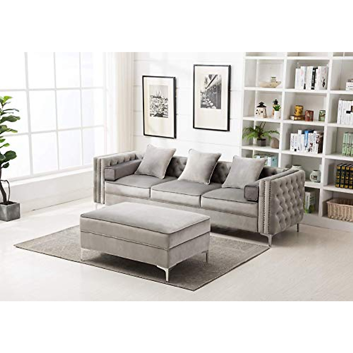 Legend Vansen Reversible L Shaped Velvet Sofa Chaise with Ottoman for 3seats Large Size Sectional, Grey