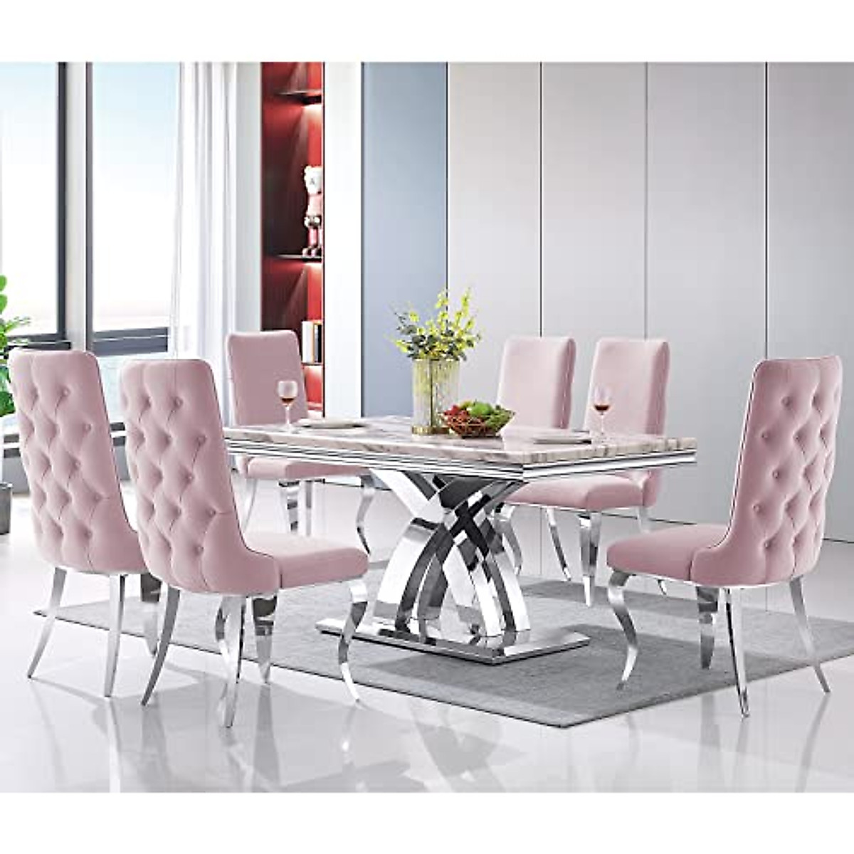 AZhome Dining Room Table, 65" White Dining Room Table, Grey Rectangle Tabletop and Silver Mirror Metal Double X Base, Modern Luxury Dining Table Set for 4 to 6 Dining Room