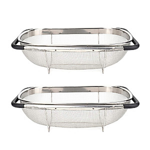 Suwimut 2 Pack Over the Sink Oval Colander for Kitchen, Stainless Steel Fine Mesh 6 Quart Strainer Basket with Expandable Rubber Grip Handles for Straining, Draining, Rinsing Fruits, Vegetables