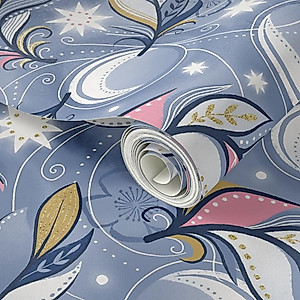 Peel & Stick Wallpaper Swatch - Whimsical Night Pastel Blue Pink Moon Star Sky Custom Removable Wallpaper by Spoonflower