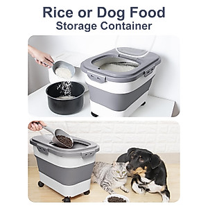 DDMOMMY 20-30Lbs Rice Storage Container,Collapsible Food Storage Containers with Rolling Wheel Airtight Locking Lid,Flour Storage Container with Cup and Scoop,Suitable for Food,Rice,Pet Food,Flour