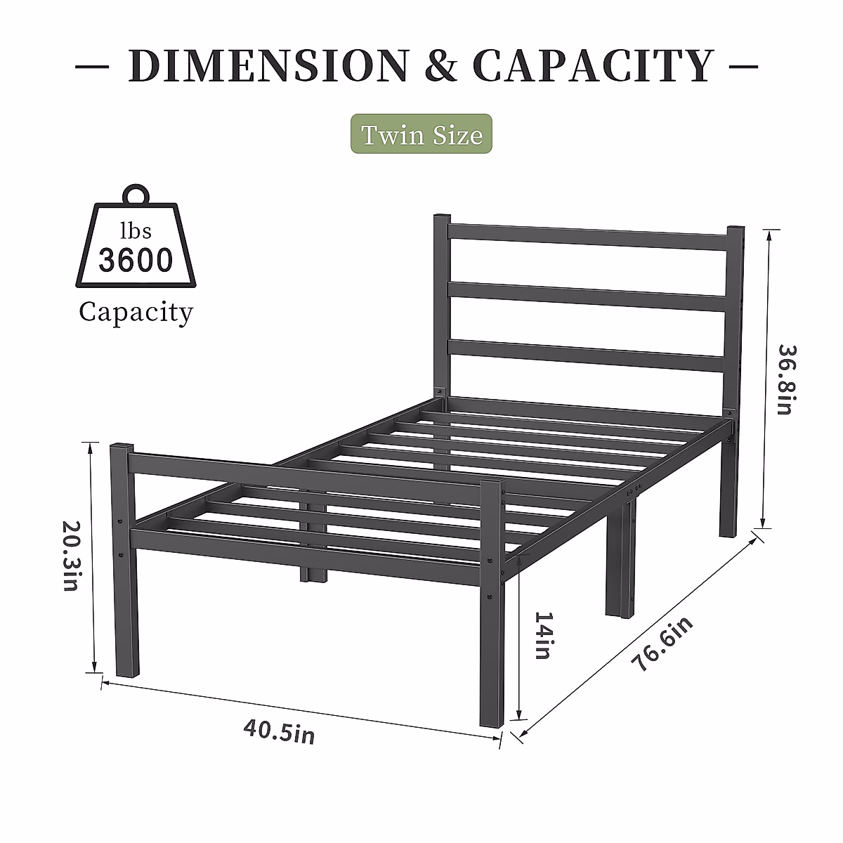 Musen Twin Metal Bed Frame with Headboard, Noise Free, Anti-Slip, Easy Assembly, Under-Bed Storage, Black