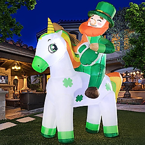 DomKom St. Patricks Day Inflatable Decorations, 5ft Happy Leprechaun Blow Up Décor Built-in LED Lights on Unicorn Playing Guitar, Lucky Day for Outdoor Holiday Party, Lawn, Yard, Garden, Patio