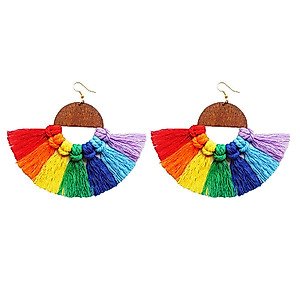 Bohemian Handmade Braid Tassel Dangle Earrings Colorful Rainbow Wooden Tassel Dangle Earrings for Women Jewelry(D)