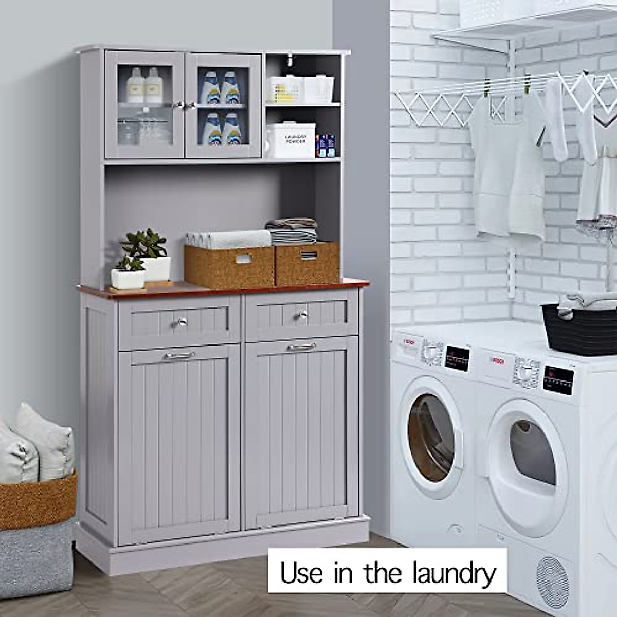 LOUVIXA Kitchen Pantry Storage Cabinet, Microwave Cabinet with Tilt Out Trash Cabinet, Freestanding Kitchen Hutch,Tall Pantry Cabinet Cupboard (Grey)