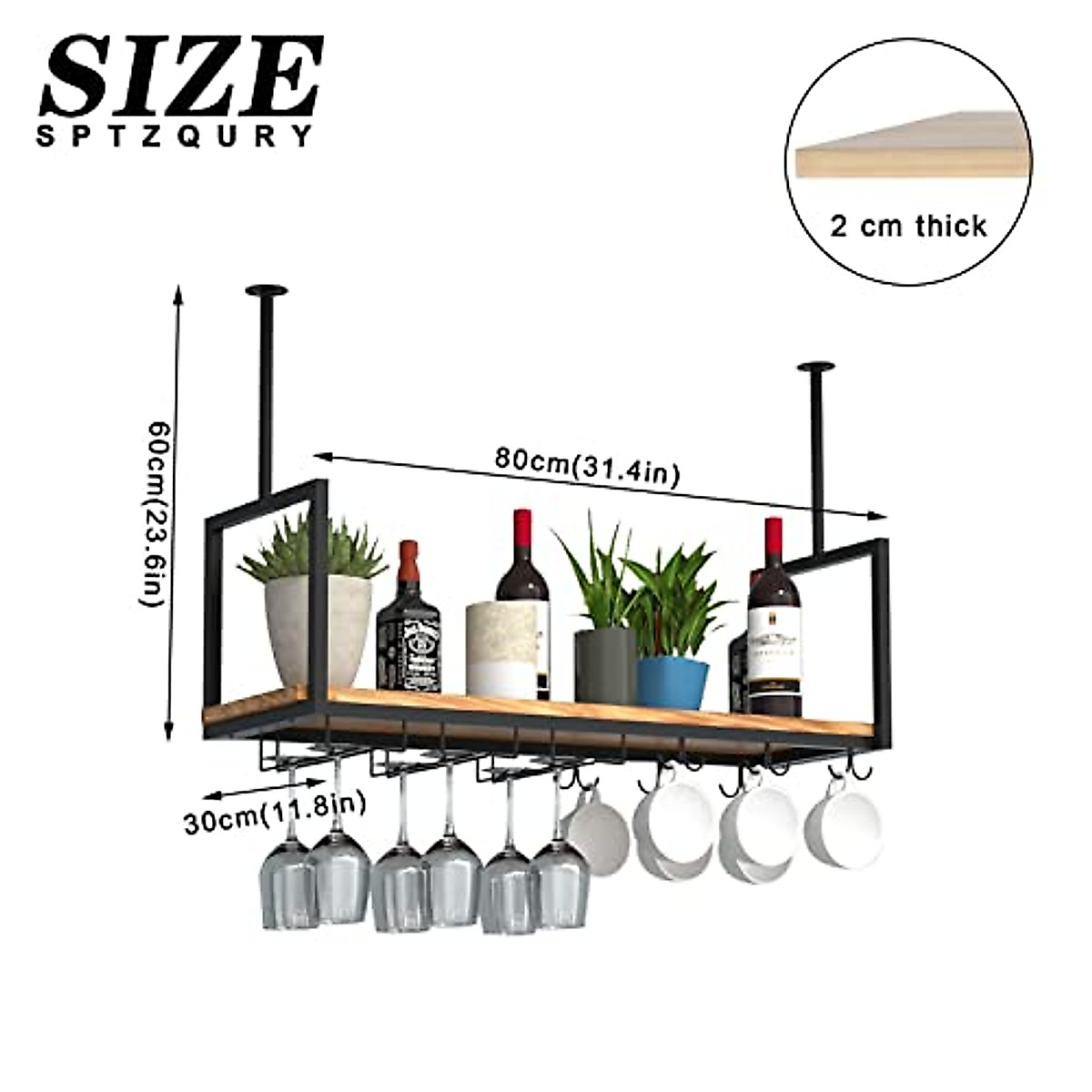 SPTZQURY Ceiling Wine Glass Rack - 31.4 inch Metal Wine Rack with 2 Kinds Glass Holder, Hanging Stemware Goblet Wine Glass Holder Perfect for Bar Cafe Kitchen Restaurant, Display Stand Black