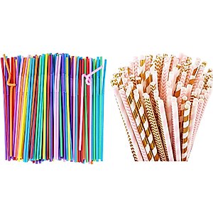 ALINK 200 Colorful Flexible Straws + 100 Gold Pink Paper Straws