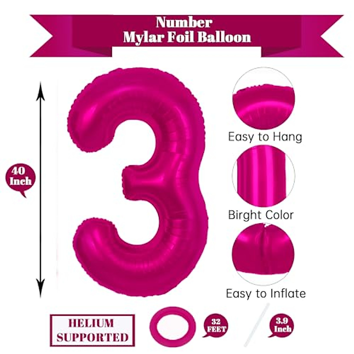 40 Inch Hot Pink Number 3 Balloon 3 Years Old Birthday Decorations Pink Three Balloons for 3rd Birthday Decorations Girl Number 3 Balloon Pink for 3rd Birthday Balloons 3 Years Anniversary Decors