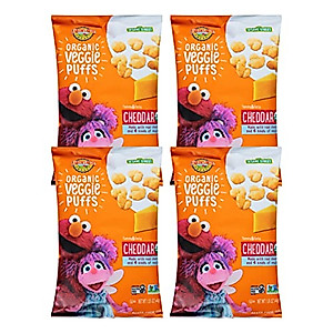 Earth's Best Organic Kids Snacks, Sesame Street Toddler Snacks, Organic Cheddar Veggie Puffs, Gluten Free Snacks for Kids 2 Years and Older, Cheddar, 1.55 oz Bag (Pack of 4)