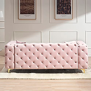Homtique Mid-Century Modern Sofa Couch, 79 Inch Long Couch Comfy Upholstered Sofa with 2 Pillows Button Tufted Velvet High Armrest and Golden Legs Decor for Living Room, Bedroom, Apartment (Pink)
