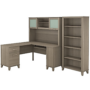 Bush Furniture Somerset 60W L Shaped Desk with Hutch and 5 Shelf Bookcase in Ash Gray