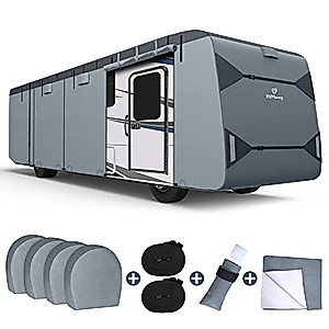 RVMasking 7 Layers top Class A RV Cover Rip-Stop Waterproof Camper Cover Fits 34'1''-37' Motorhome - Anti-UV Windproof Breathable with 4 Tire Covers