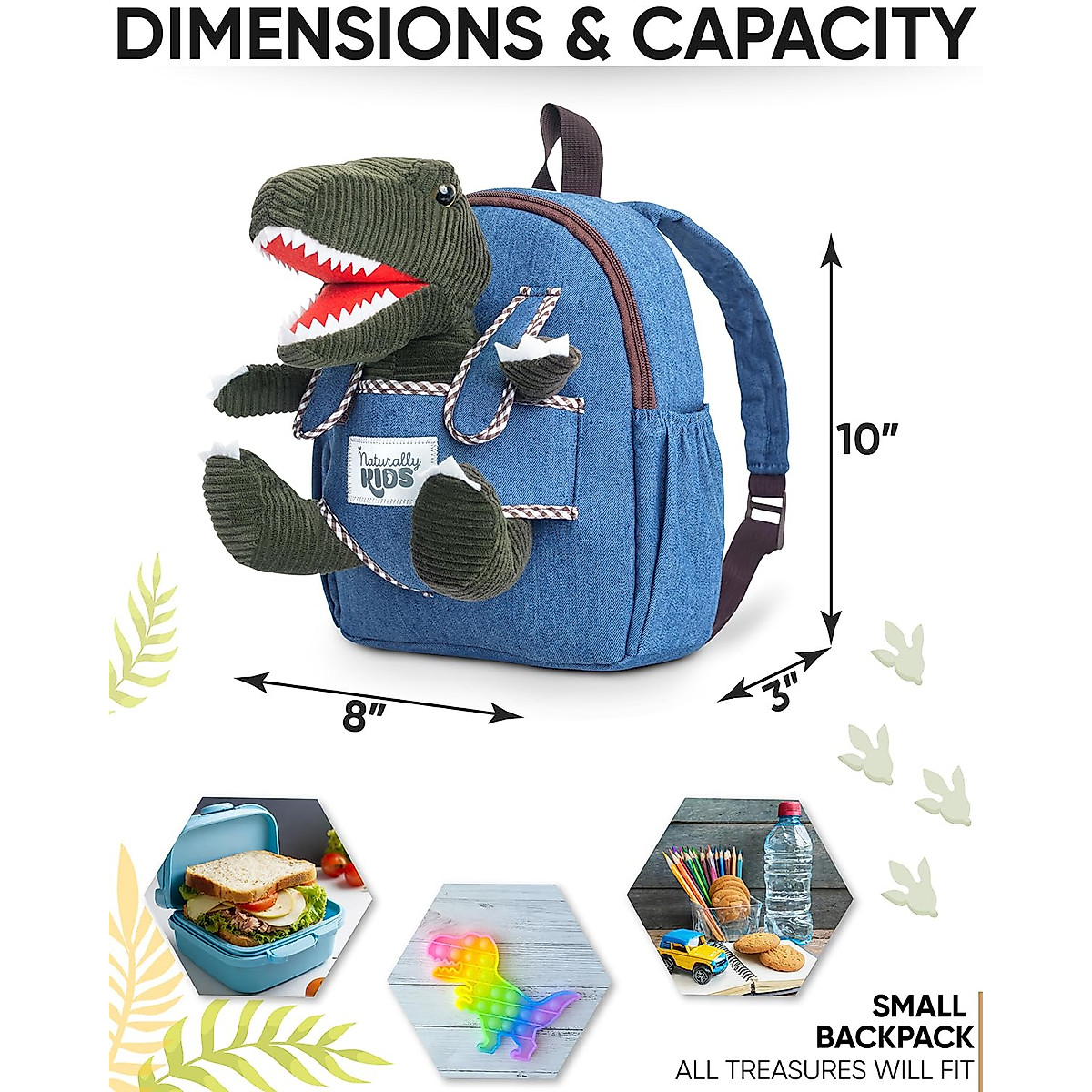 Naturally KIDS Dinosaur Backpack, Dinosaur Toys for Kids 3-5, 2 Year Old Boy Birthday Gift, Toddler Backpack Boys Girls
