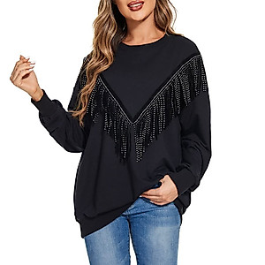 PESION Women's Novelty Oversized Sweatshirt Crewneck Long Sleeve Fringe Trim Shirt Pullover Tops Sweaters, Black, Small