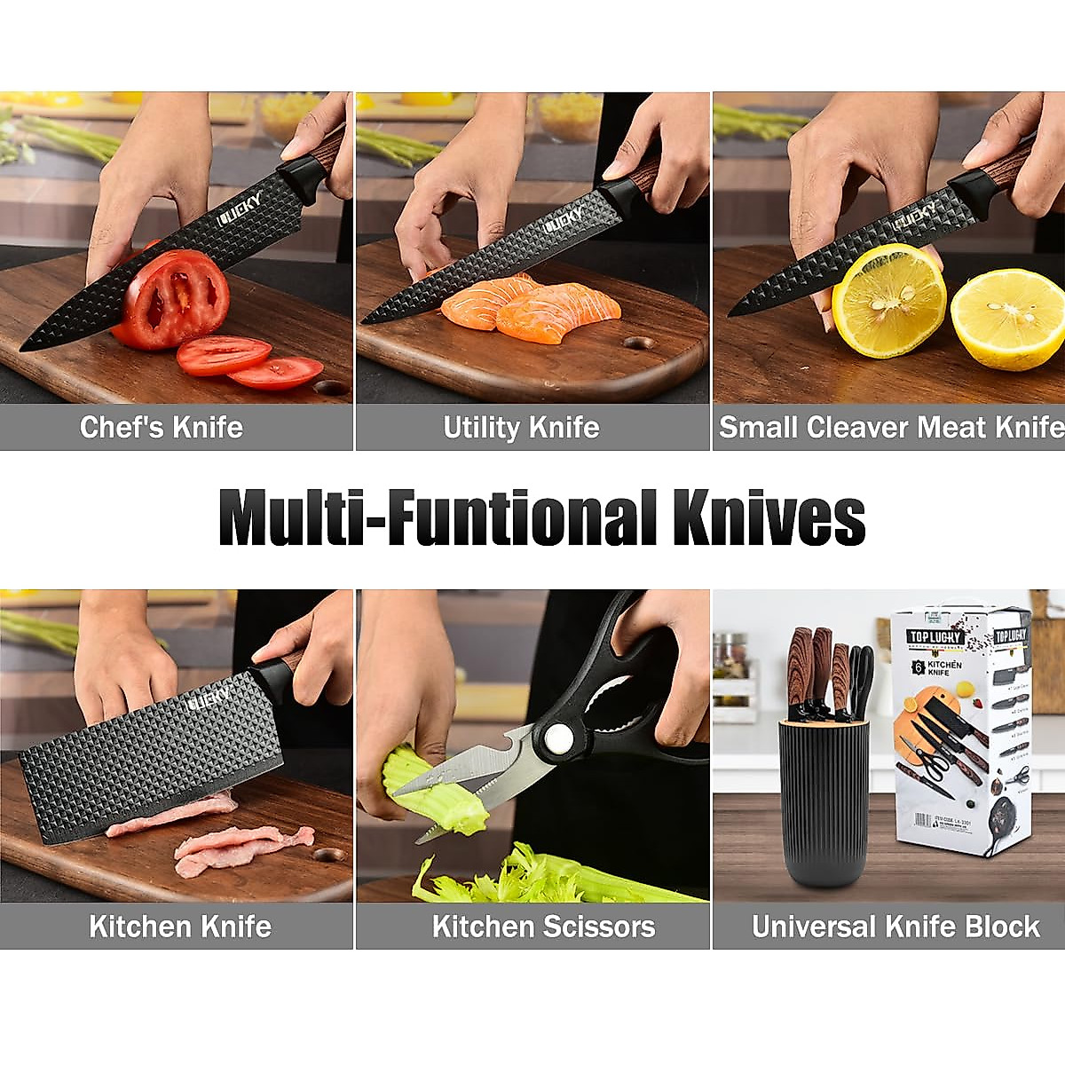 Knife Set, 6-Piece Black Professional Kitchen Knife Set for Chef, Super Sharp Knife Set with Universal Knife Block, Anti-Rust Stainless Steel Kitchen Knife Block Set, Ergonomical Design (Black)